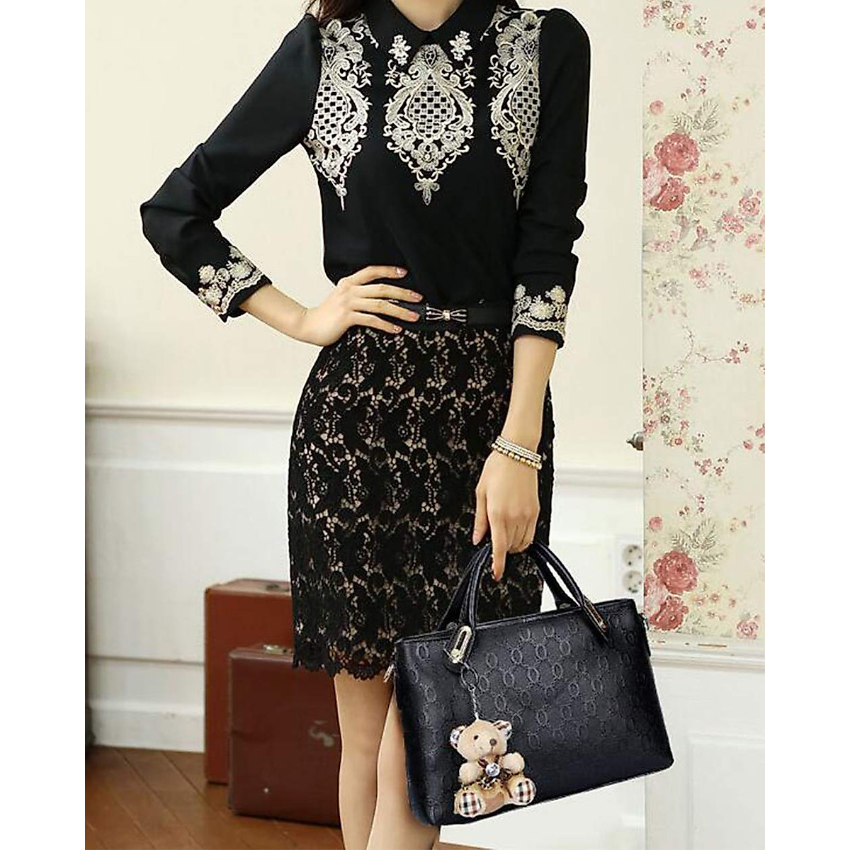 GJGJTER Women Synthetic PU Leather Tote Handbag Wallet 4pcs Set Clutch Purse Satchels with Bear Pendant-Black