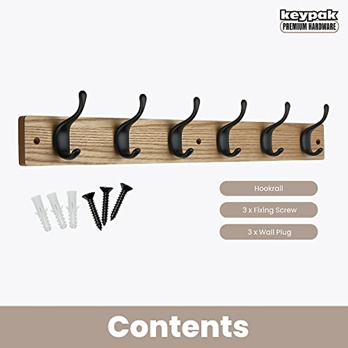 keypak Modern Wall Mounted Coat Rack, Matte Black Hooks on Wood Base (6 Hooks, Ash Effect)