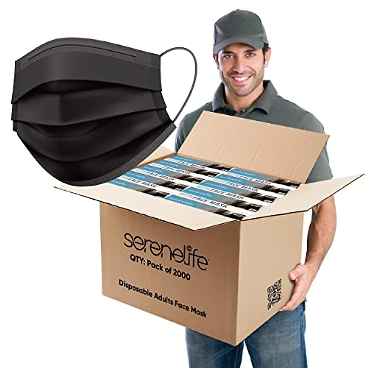 Disposable Face Masks 2000 Pcs. Black 3 Layer Face Masks, For Dust CoveringMouth Cover, and Nose Shield - SereneLife SL3PLY2000