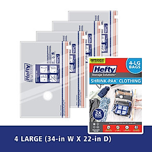 Hefty Shrink-Pak - 4 Large Vacuum Storage Bags for Storage for Clothes, Pillows, Towels, or Blankets - Space Saver Vacuum Sealer Bags Ideal Under Bed Storage Solutions
