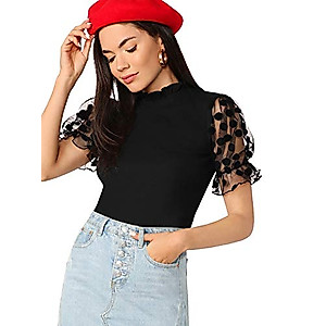 Romwe Women's Summer Short Sleeve Mock Neck Casual Blouse Tops Mesh Black Small