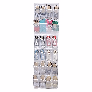24 Grid Large Pockets Mesh Storage Bag Behind The Door, Over The Door Hanging Shoe Organizer , Free iInstallation, Carrying Stainless Steel Hooks(White)