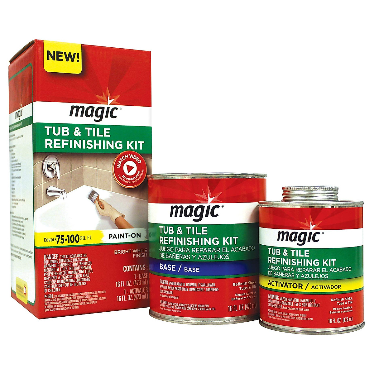 MAGIC 3124 Tub and Tile Refinishing Kit - Bright White - Paint On - Works On Ceramic Porcelain Acrylic Fiberglass Surfaces
