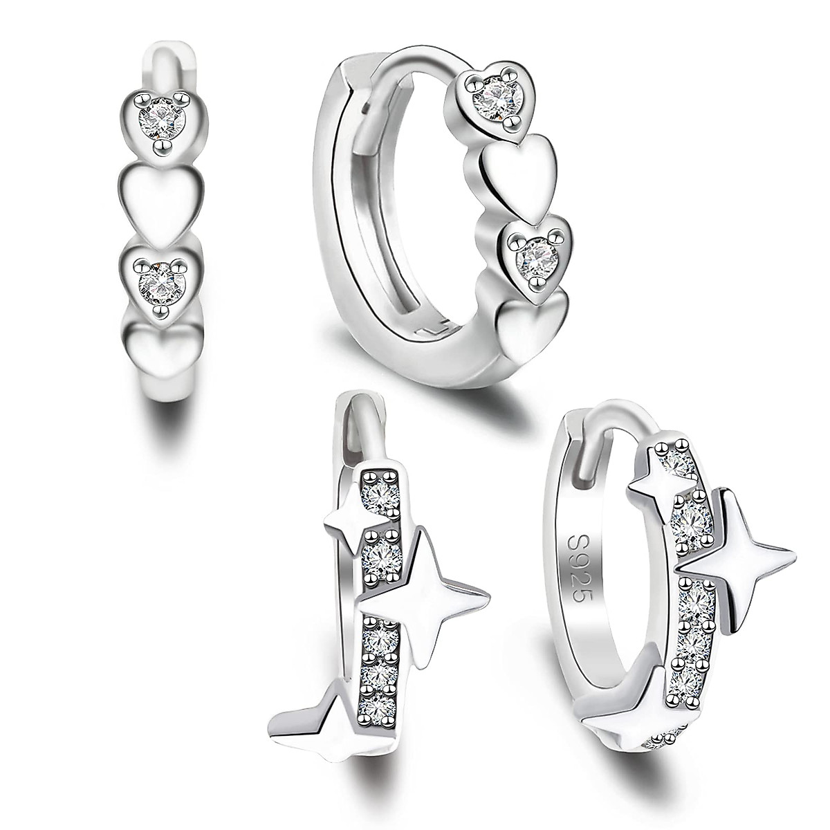 Silver Hoop Earrings Set for Women Sterlings Silver Hypoallergenic Star Earrings Heart Hoop Earrings Danity Cubic Zirconia Cartilage Huggie Hoop Earrings Set for Her Gifts for Birthday Christmas