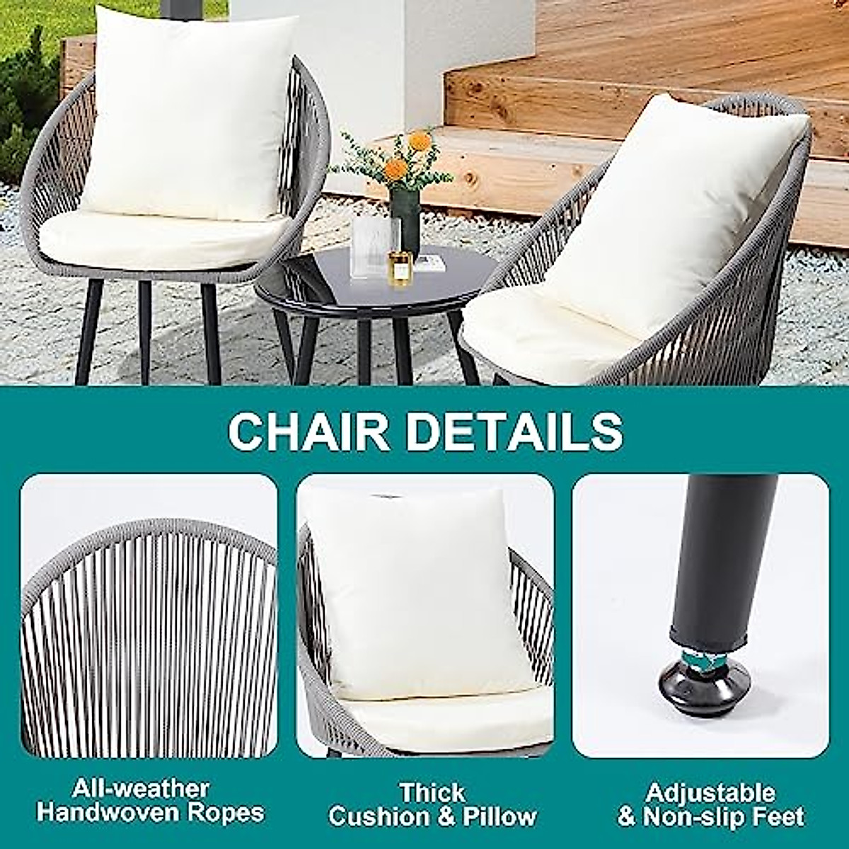 BETTAHOME 3 Piece Bistro Set, Patio Furniture Set with Cushion and Pillow, Outdoor Balcony Woven Chairs and Table, Grey and Black