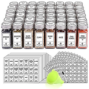 SWOMMOLY 48 Glass Spice Jars with 806 White Spice Labels, Chalk Marker and Funnel Complete Set. Square Spice Bottles 4 oz Empty Spice Containers, Airtight Cap, Pour/sift Shaker Lid