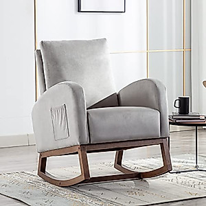 Rocking Chair Nursery Glider Rocker Chair High Backrest Upholstered Velvet Accent Armchair with Side Pocket for Living Room Bedroom Office (Grey)