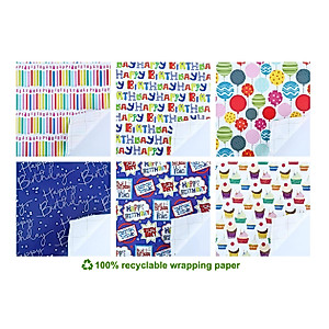 Titiweet Happy Birthday Wrapping Paper Sheets with Cut Line, Recycled Gift Wrapping Paper, 6 Sheets Folded Flat Gift Wrap with Sticker Ribbon Tape, 20 x 28 Inches Per Sheet