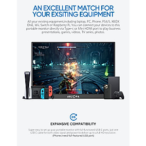 ARZOPA Portable Monitor 2K, 13.3'' HDR Portable Laptop Monitor USB C HDMI External Monitor IPS Eye Care External Display for PC Phone Mac Xbox PS5 Switch-A1 GAMUT MINI 2K