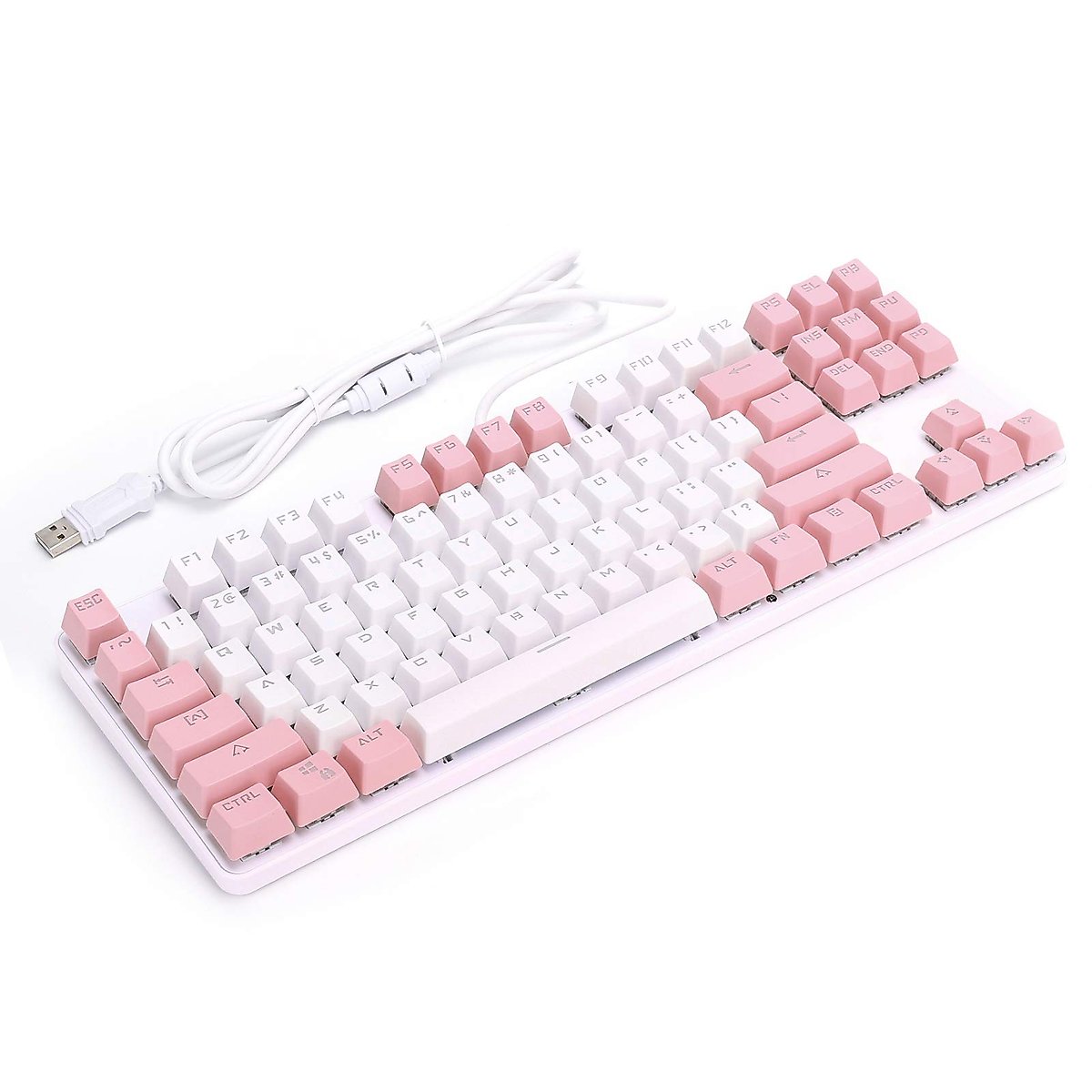 PUSOKEI Mechanical Gaming Keyboard, 87 Keys Keyboards RGB LED Rainbow Backlit Wired Keyboard, Mechinal Gaming Keyboard White+Pink, Mechanical Keyboard,Plug and Play(White)