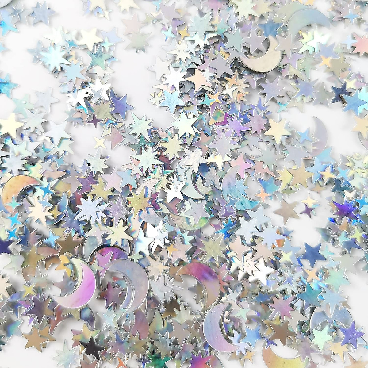 Hrovsur Table Confetti for Party - Star Moon Confetti Iridescent Metallic Glitter Foil Confetti for Birthday Anniversary Wedding Graduation Party Bachelorette Party Baptismal Party DIY (Silver)