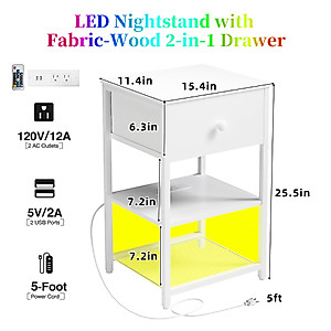 LTTDOUK LED Nightstands Set of 2 with Charging Station, Bedside Tables with USB Ports and Outlets, End Table with Fabric-Wood 2-in-1 Drawer, White Side Table for Bedroom, Living Room