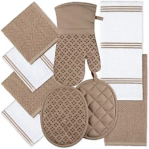 Kitchen Towels Dishcloths Oven Mitts and Pot Holders Set of 9, Oeko-Tex 100% Cotton Terry Dish Towels & Dish Cloths, Non-Slip Silicone, Tan