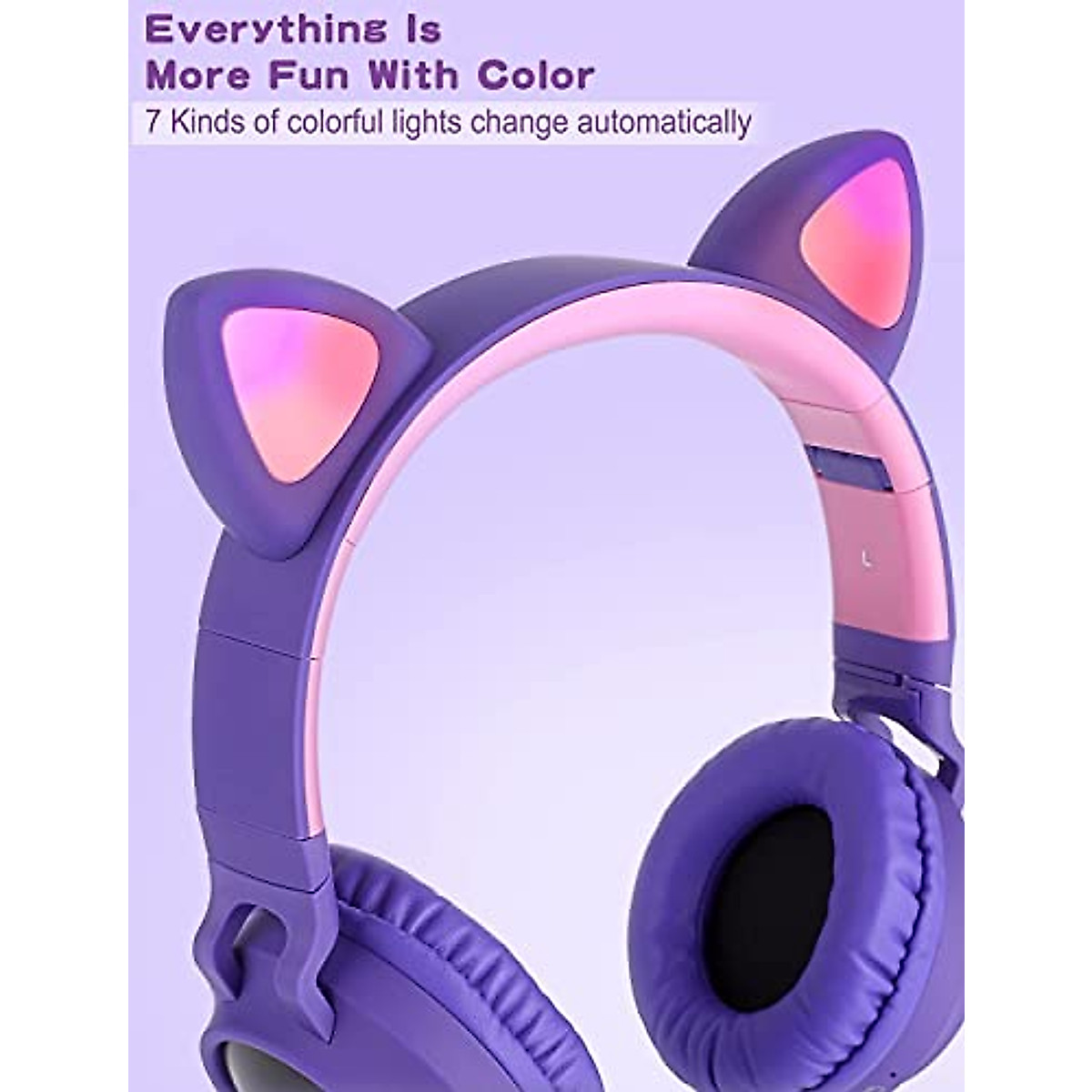 Usoun Kids Wireless Headphones,Cat Ear LED Light Up Wireless Foldable Headphones Over Ear with MIC,Stereo Sound,FM Radio/TF Card,Childrens Headset for Boys Girls Adults,School Study Home (Purple)