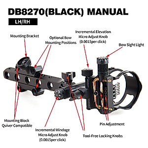TOPOINT ARCHERY CNC Aluminum 5 Pins Or 7 Pins .019" Tool-Less Bow Sight with Micro Adjust Detachable Bracket LED Sight Light Left and Right Hand (PRO 7 PINS, Black)