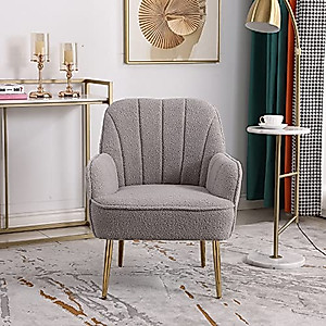 Goujxcy Teddy Barrel Chair Accent Armchair with Golden Legs for Living Room Bedroom Home Office, Tufted Back Club Chair (Grey2)