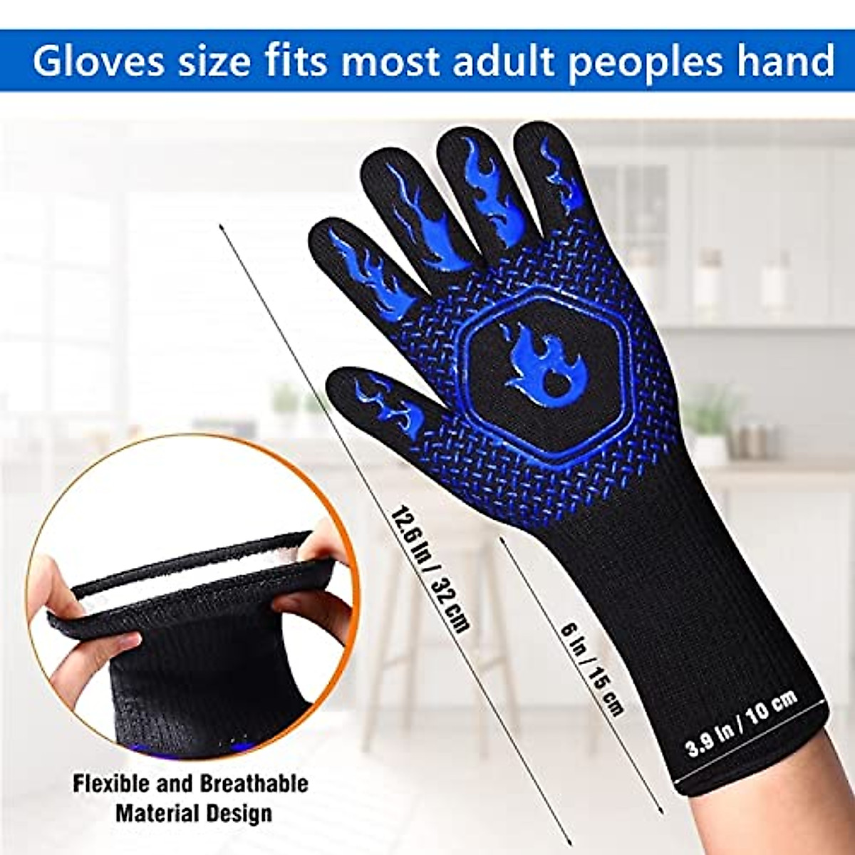 BBQ Fireproof Gloves - Grill Cut-Resistant Gloves 1472°F Extreme Heat Resistant, Silicone Non-Slip Oven Gloves for for Kitchen Garden BBQ Grilling and Outdoor Cooking Campfire