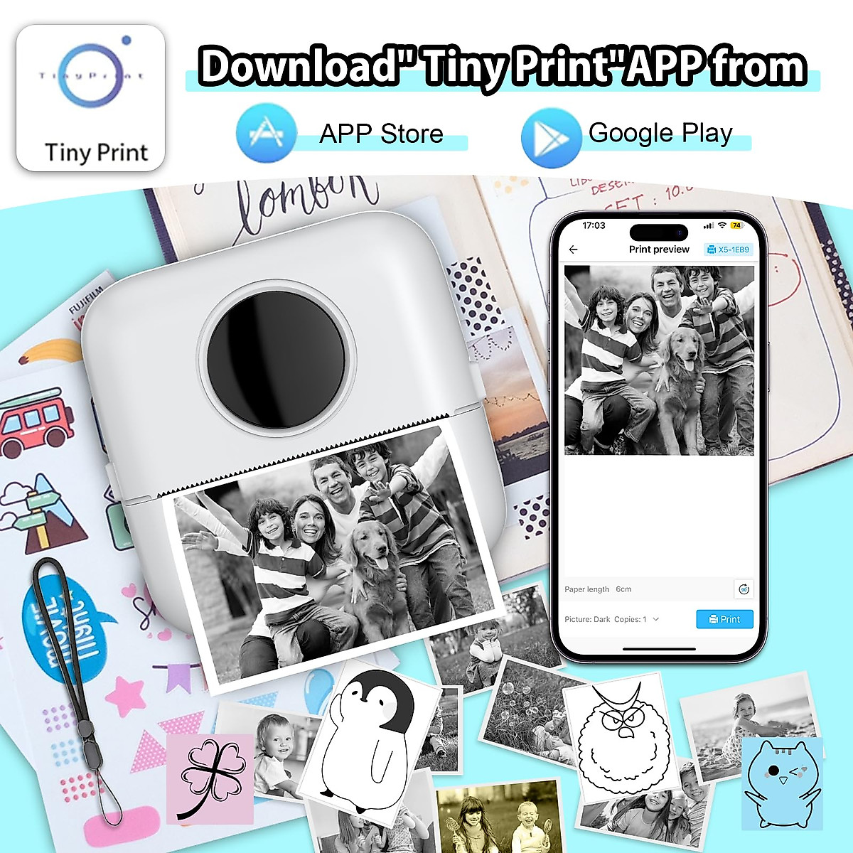 HuiJuKeJi Mini Inkless Printer for iOS&Android with Hard Protection Portable Storage Case,Bluetooth Thermal Pocket Printer with 11 Rolls of Thermal Paper＆Sticker to Print Photo Receipt