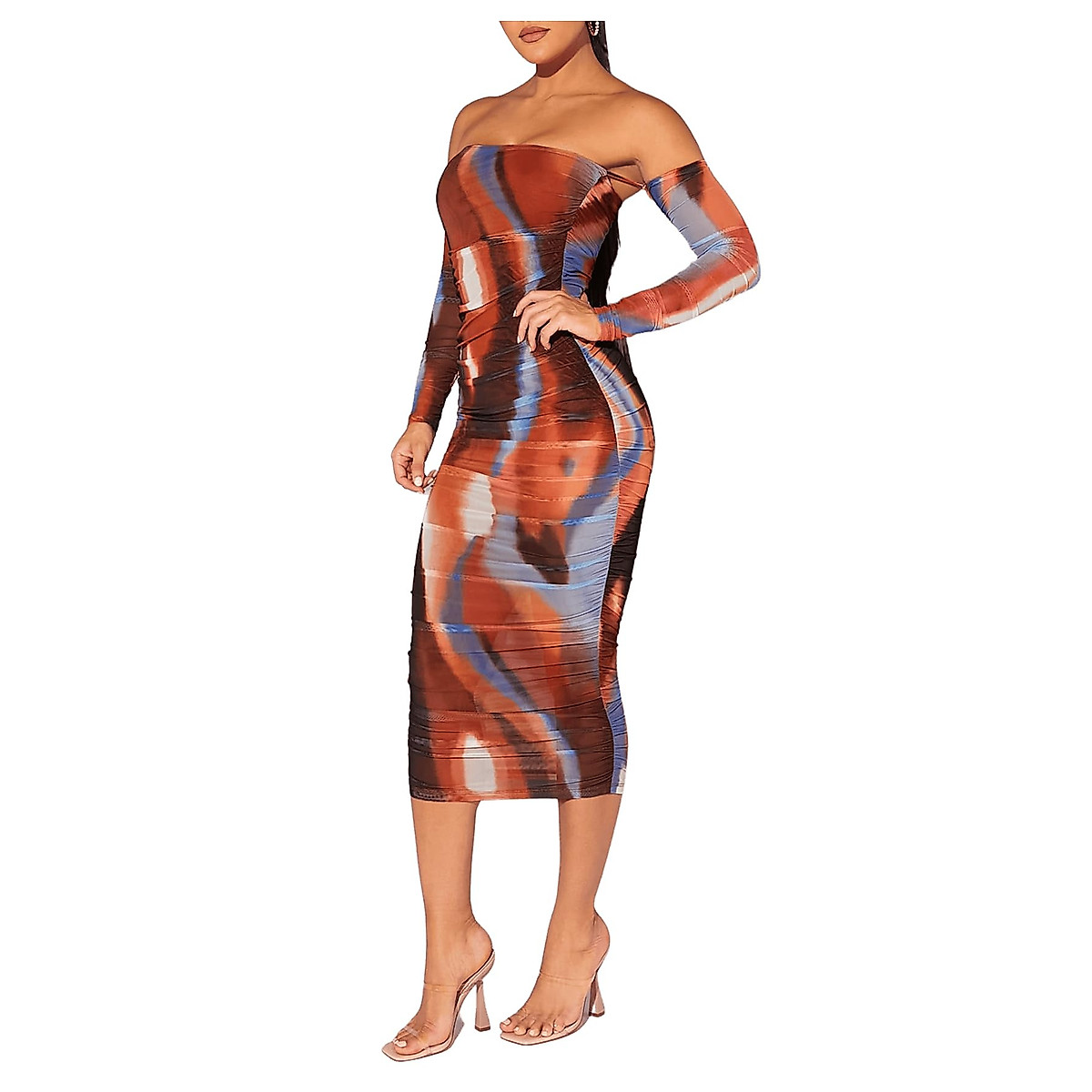GORGLITTER Women's Tie Dye Bodycon Dress Off The Shoulder Ruched Long Sleeve Midi Dresses Multicolor Large