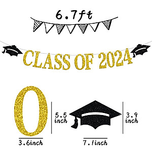 Class of 2024 Banner, Congrats Grad Bunting Sign for 2024 High School College Graduation Party Decorations Supplies, Black and Gold Glitter
