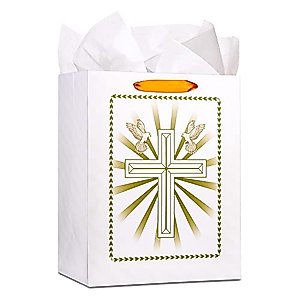 FaCraft 13" Large Gift Bag with Tissue Paper Cross Paper Gift Bags with Handle for Baptism Christenings Confirmations First Communions Religious Wedding,Baptism Gifts Bag for Kids Boys Girl
