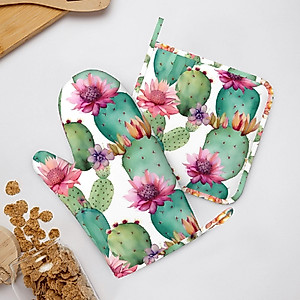 Cactus Flower Printed Oven Mitts and Pot Holders Sets Heat Resistant Kitchen Oven Gloves Potholders Set Extra Long Non-Slip Silicone Gloves for Cooking Baking BBQ