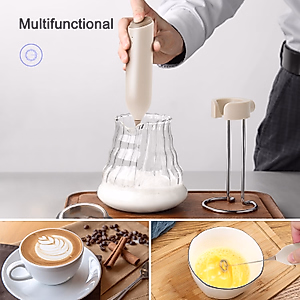 ELMWAY Powerful Electric Milk Frother Set, Rechargeable Drink Blender with Stand/Base, Foam Maker Mixer, Handheld Milk Frother for Coffee, Cappuccino, Latte, Matcha, Protein Powder - Beige