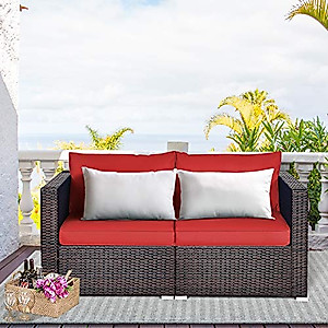 Tangkula Wicker Loveseat 2 Piece, Patio Furniture Couch with Removable Cushions, Rattan Loveseat Sofa for Balcony, Deck, Garden and Poolside