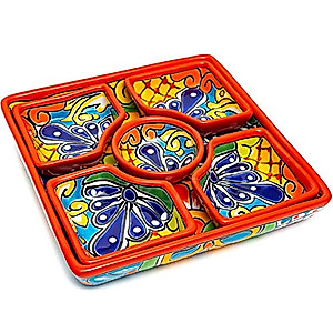 Enchanted Talavera Mexican Pottery Ceramic Large Appetizer Tray Serving Dishes Platter Dish Food Plate Condiments Organizer (Square 6 Piece Set, Red)
