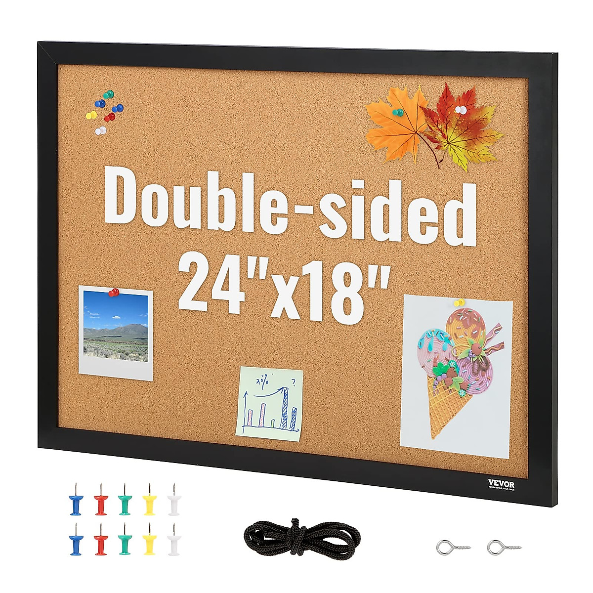 VEVOR Cork Board for Walls, Double-Sided Cork 24" x 18" Bulletin Board Vision Board, Push Pin Board with Framed for Office Home and School