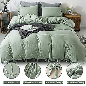 annadaif Sage Green Duvet Cover California King, 3 Pieces Bowknot Ultra Soft Washed Microfiber Bowknot Duvet Cover Set, Easy Care Bedding Set for Men, Women, Boys and Girls