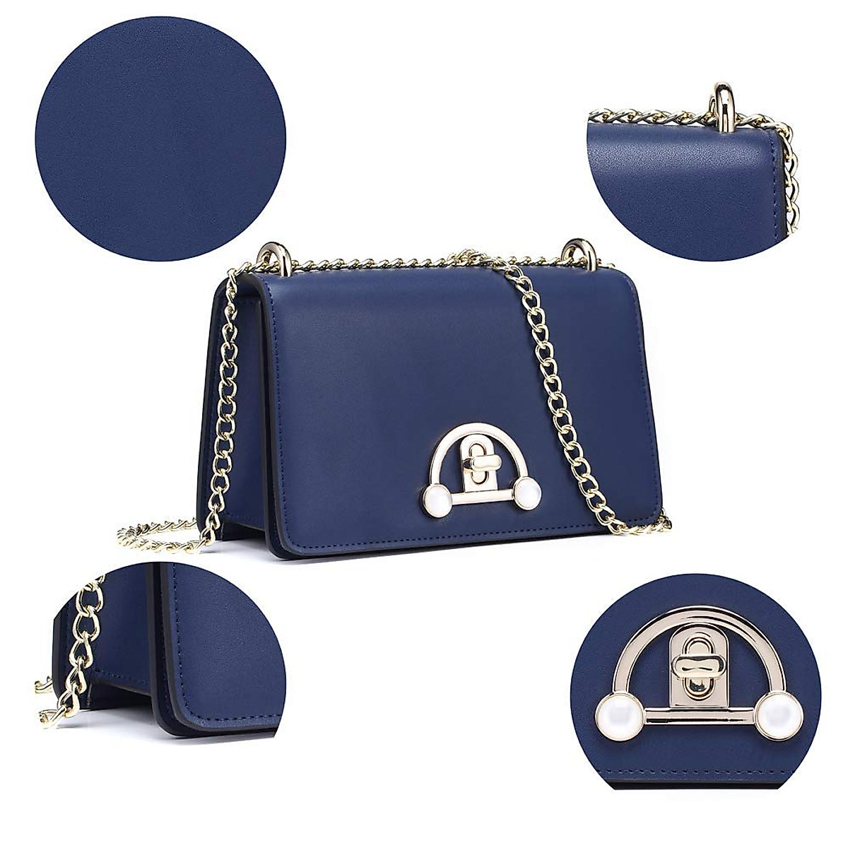 FT FUNTOR Leather Crossbody Bag for Women Shoulder Handbag Knob Lock with Chain (navy blue-A)