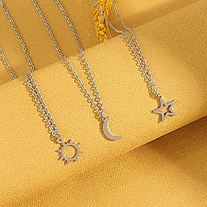 Friendship Necklaces for 3 Girls Cute BFF Necklace for Women Best Friend Necklace Dainty Sun Moon Star Necklaces Long Distance Relationship Necklace(Moon Sun Star)