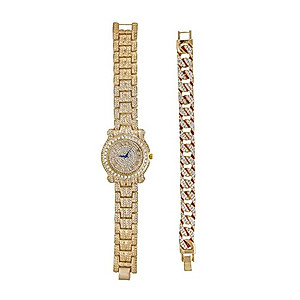Charles Raymond Bling-ed Out Silver Round Luxury Mens Watch w/Bling-ed Out Cuban Bracelet - L0504B - Cuban (Gold)