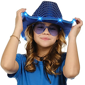 Funcredible Blue Light Up Cowboy Hat and Glasses - Sparkly Disco Cowgirl Hat - Sequin Cowboy Hat for Women - Cowgirl Costumes for Girls