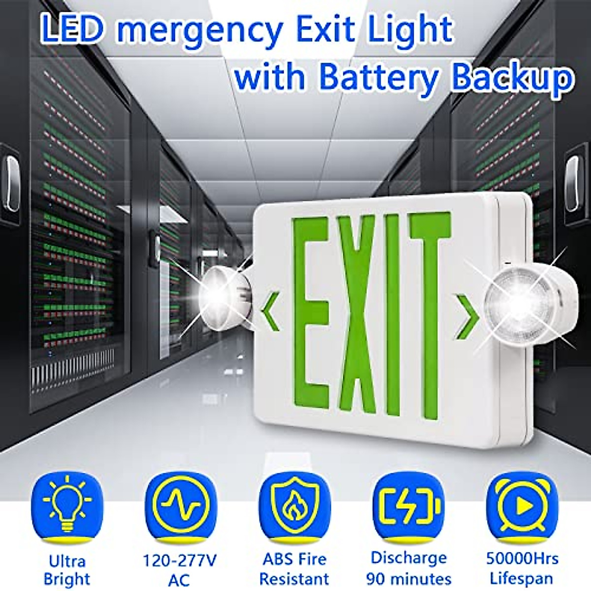 Green LED Exit Sign Emergency Light Combination Adjustable Two Heads and Battery Backup, US Standard Commercial Emergency Exit Lighting, Fire Resistant UL 924 AC 120/277V (8-Pack)
