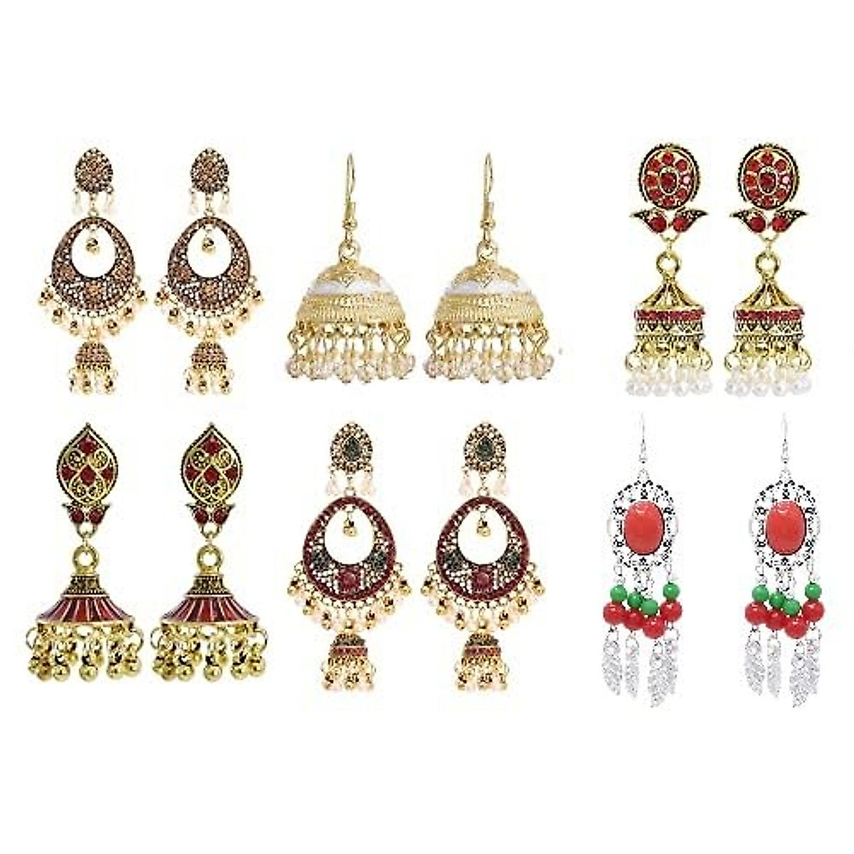 6 Pairs Indian Jhumka Jhumki Ethnic Dangle Earring Sets for Women Vintage Silver Gold Long Tassel Bell Drop Earrings Boho Jewelry (C)