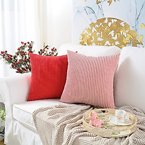 MERNETTE Pack of 2, Corduroy Soft Decorative Square Throw Pillow Cover Cushion Covers Pillowcase, Home Decor Decorations for Sofa Couch Bed Chair 18x18 Inch/45x45 cm (Striped Peach Pink)