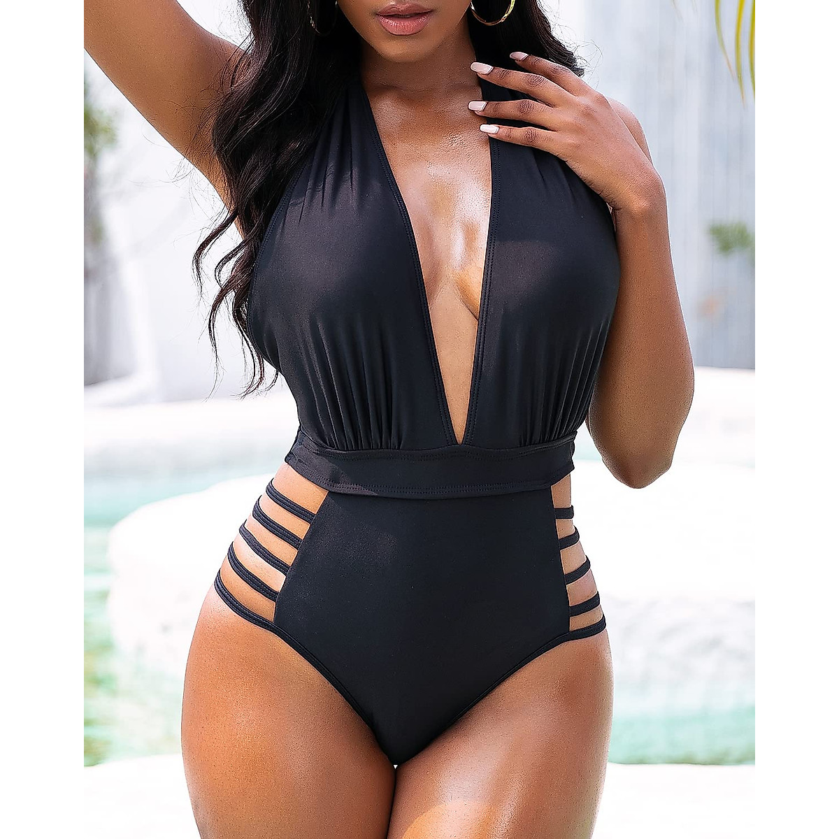 Aqua Eve Women Sexy One Piece Swimsuits Halter Plunge V Neck Cutout Bathing Suits Black XX-Large