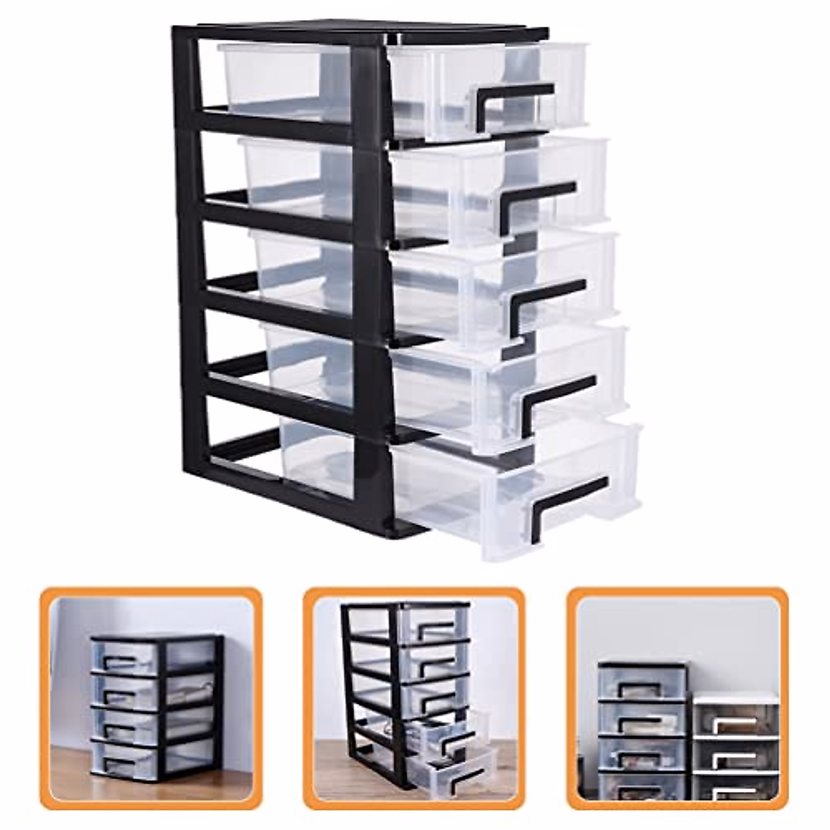 Tofficu 5 Drawer Storage Tower Plastic Storage Multifunctional Storage Cabinet with Clear Drawers Storage Case Organizer for Craft Stationary(Black)