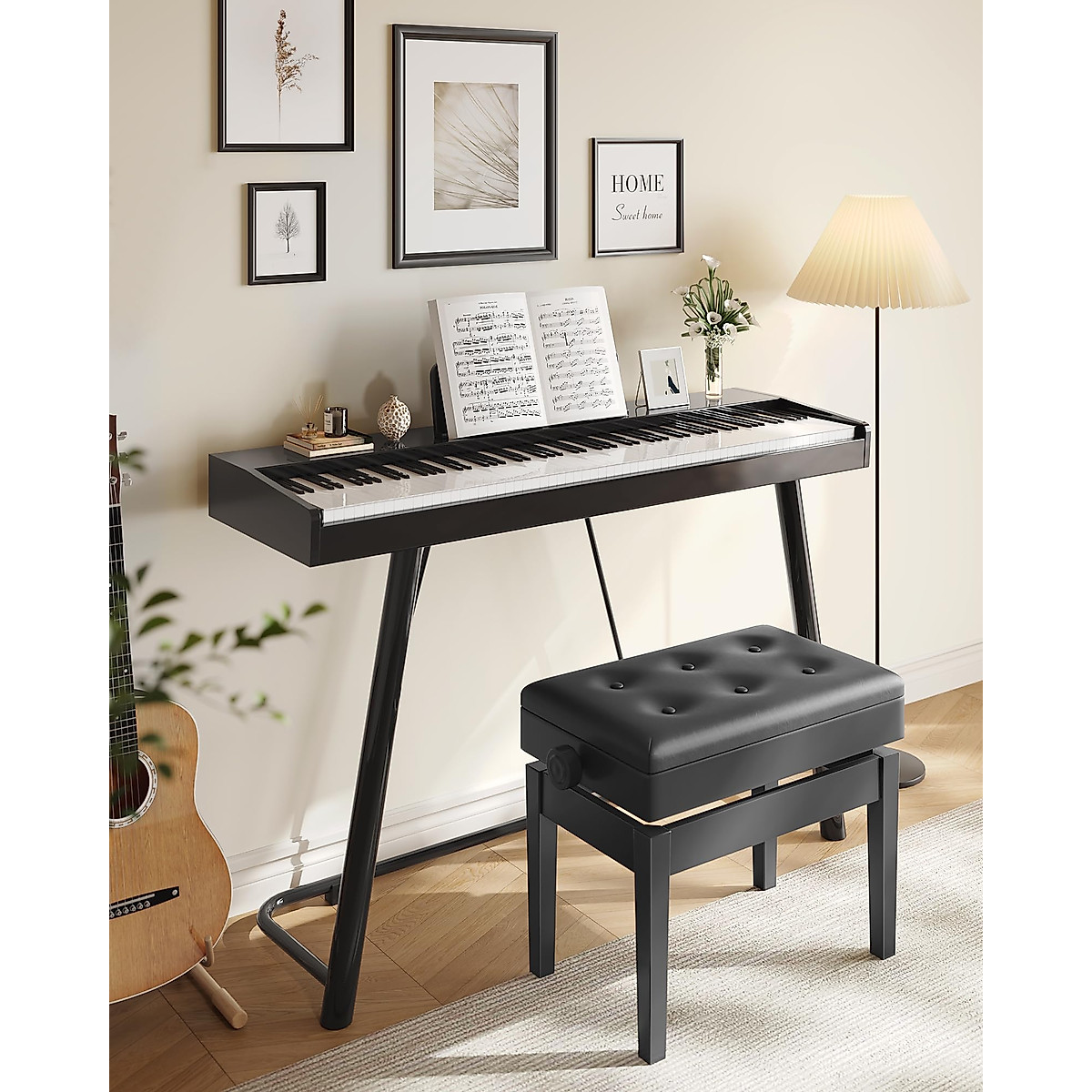 SONGMICS Adjustable Wooden Piano Bench Stool with Sheet Music Storage Black ULPB57H