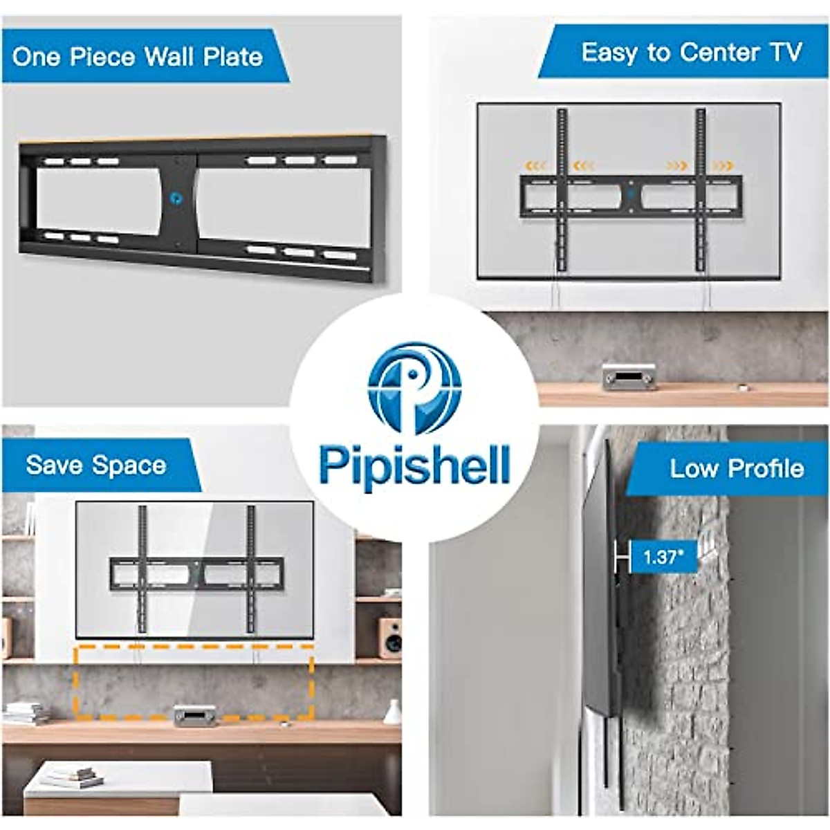 Pipishell Low Profile Fixed TV Wall Mount Bracket Ultra Slim for Most 42-90 Inch LCD OLED QLED 4K Plasma Flat Curved Screen TVs up to132lbs Max VESA 800x600mm, Fits 16", 18", 24" Wood Studs