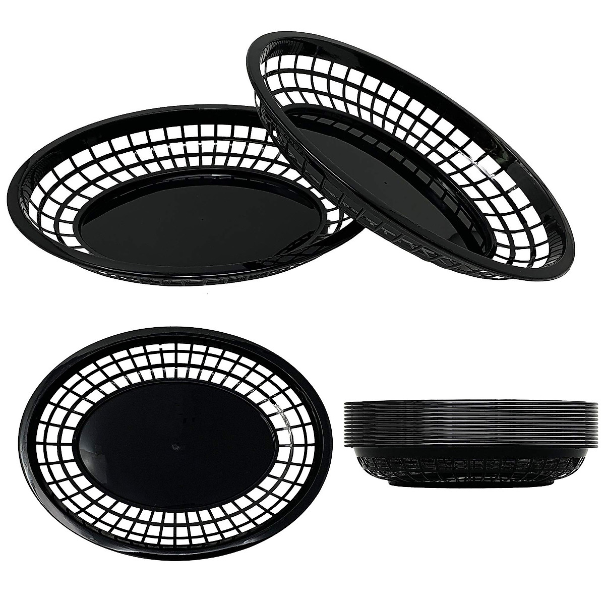 Plastic Fast Food Baskets - HUGE 12" x 9" Food Baskets For Serving - Reusable Foodservice Restaurant Diner Burger Fish Chip Sandwich Plates Tray Platter (12 Pack, Black)