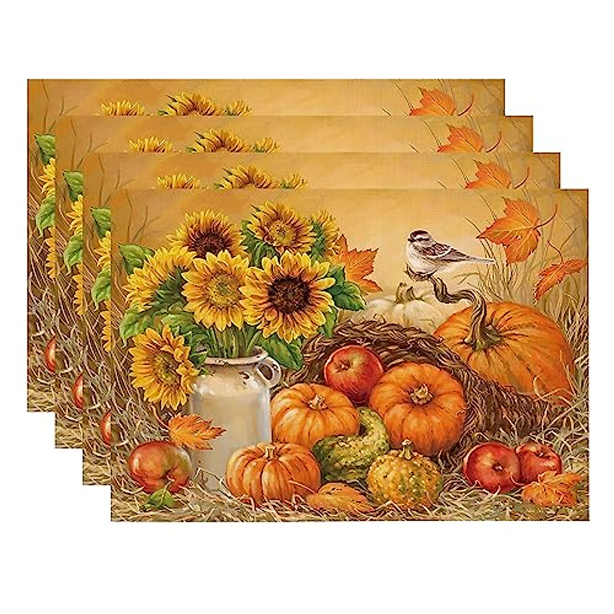 Fall Placemats Set of 4 Thanksgiving Pumpkin Table Placemats, 12x18 Inch Autumn Farmhouse Rustic Seasonal Holiday Outdoor Dining Table Place Mats for Home Party Dining Decoration(Sunflowers)