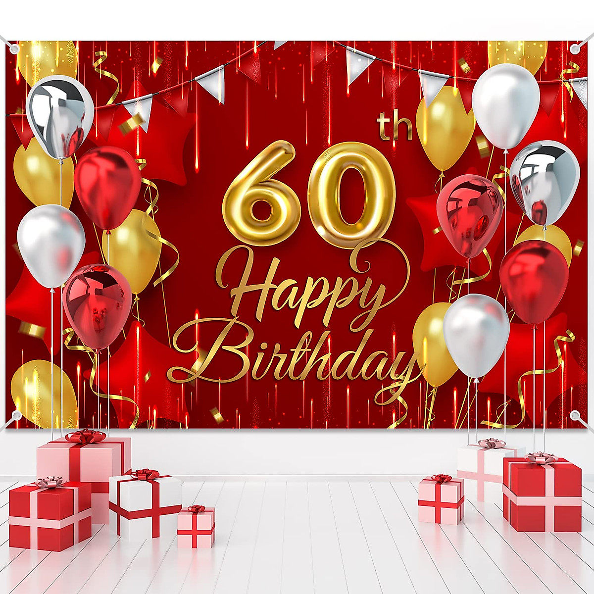 60th Birthday Backdrop Banner Decorations Red and Gold for Women Men Happy 60 Years Old Bday Background Photography Party Decor Sign Supplies