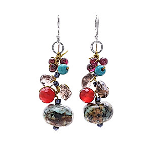 NOVICA Artisan Handmade Multigemstone Dangle Earrings Jasper from Thailand Sterling Silver Glass Bead Carnelian Calcite Garnet Multicolor Brown Beaded Cluster Birthstone Bohemian [1.7 in L x 0.5 in W]