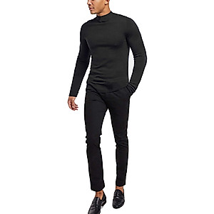KINGBEGA Men's Regular Fit Basic Lightweight Long Sleeve Pullover Shirt Mock Turtleneck, Black 1, Large