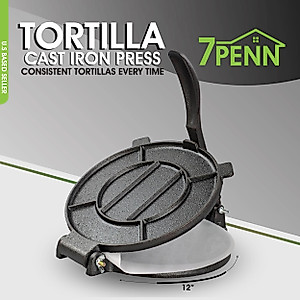 7Penn Tortilla Press 12 inch - Cast Iron Manual Roti Maker Dough Press for Corn Tortillas, Tamales, Chapati, Naan Bread, Pizza Dough with 50 Parchment Paper Sheets