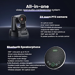 TONGVEO Conference Room HDMI 60fps USB3.0 Camera System with Bluetooth Microphone and Speaker | 3X Optical Zoom 1080P PTZ Video Camera Kit |with Speakerphone | for Church Home Office(UVC1.1)