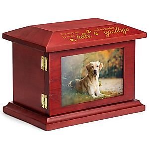 TJ. MOREE Pet Urns for Dog Ashes, Memorial Gifts for Loss of Cat, Personalized Wooden Cremation Urn with Photo Frame, Keepsake Memory Box with Black Flannel Bag for Pet up to 100 Pounds